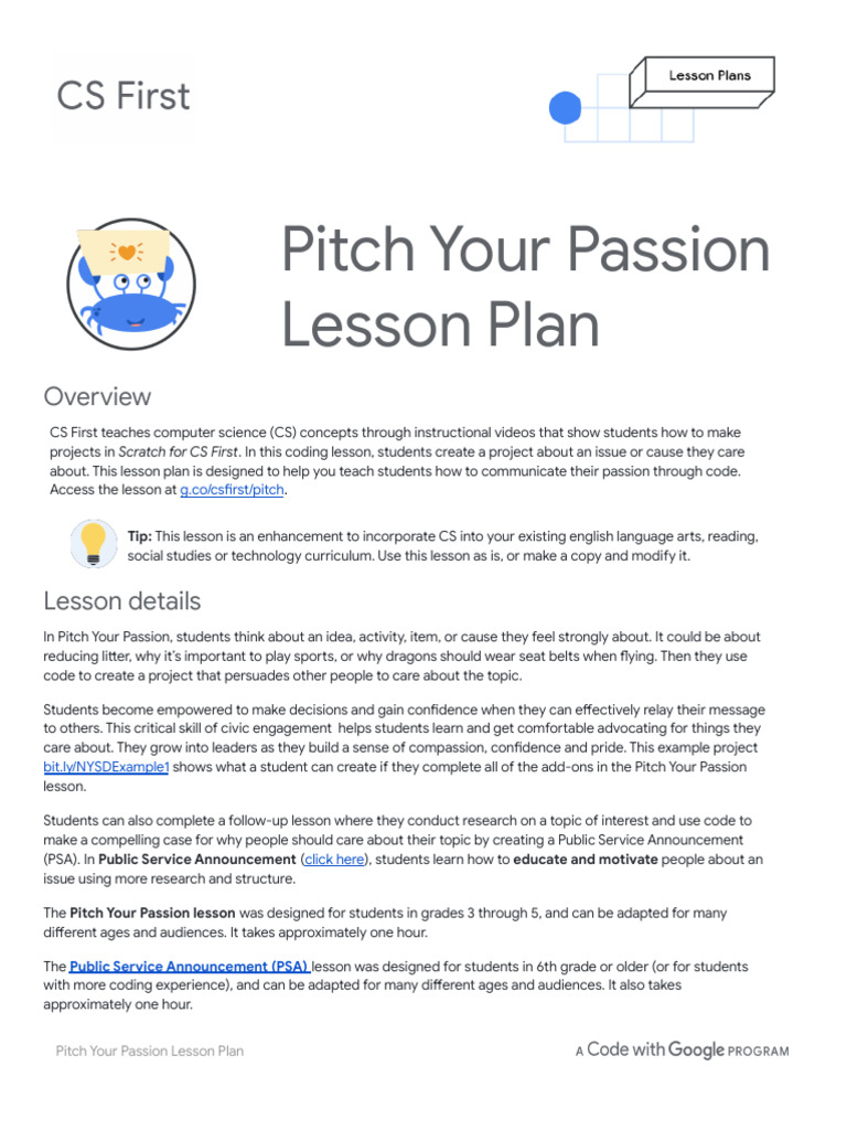 Pitch Your Passion - Lesson Plan | PDF | Scratch (Programming Language ...