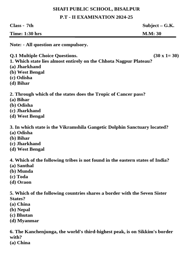 Class 7 GK PT2 Paper | PDF