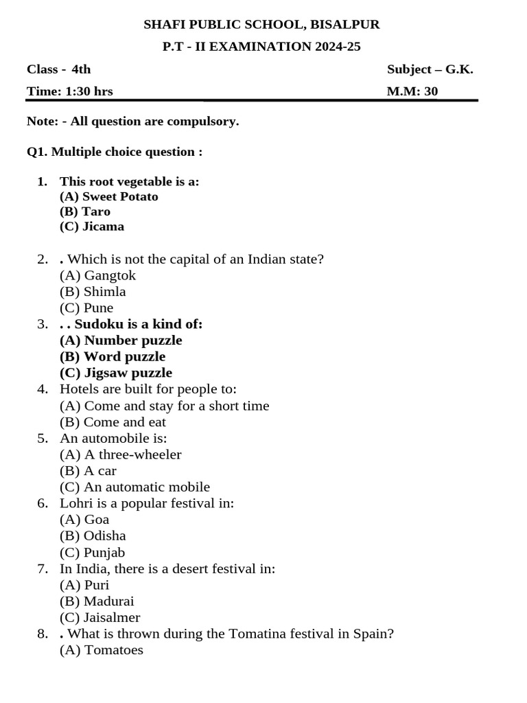 Class 4 GK PT2 Paper | PDF