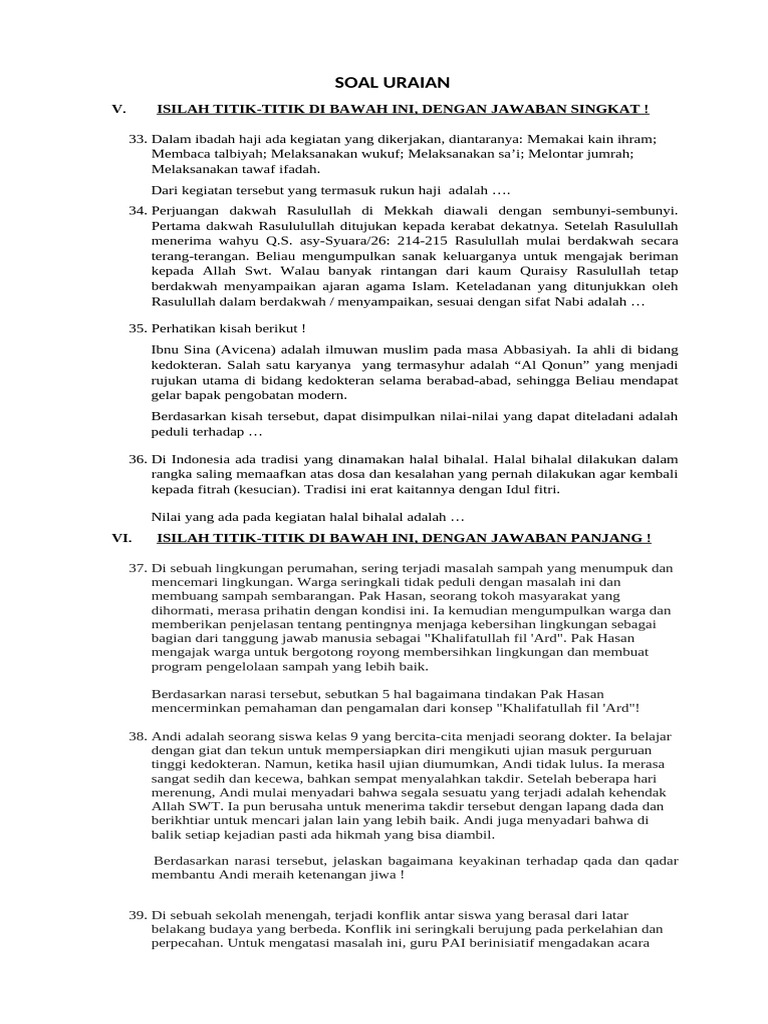 SOAL URAIAN PAI Dan Kunci Jawabannya. 2025 | PDF