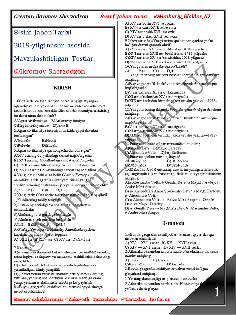 @tarixdan Testlaruz 8 Sinf Jahon Tarix Mavzulashtirilgan Testlar | PDF