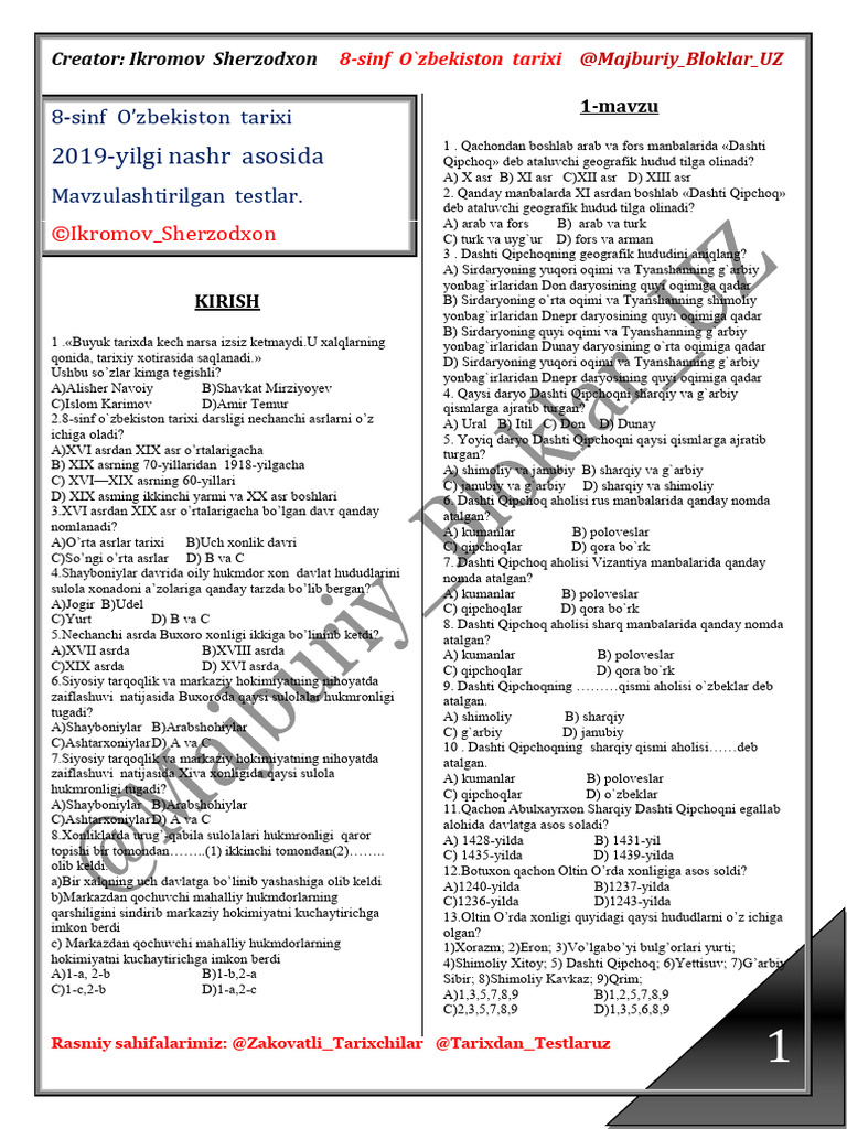 @tarixdan Testlaruz 8 Sinf O'Zbek Tarix Mavzulashtirilgan Testlar | PDF