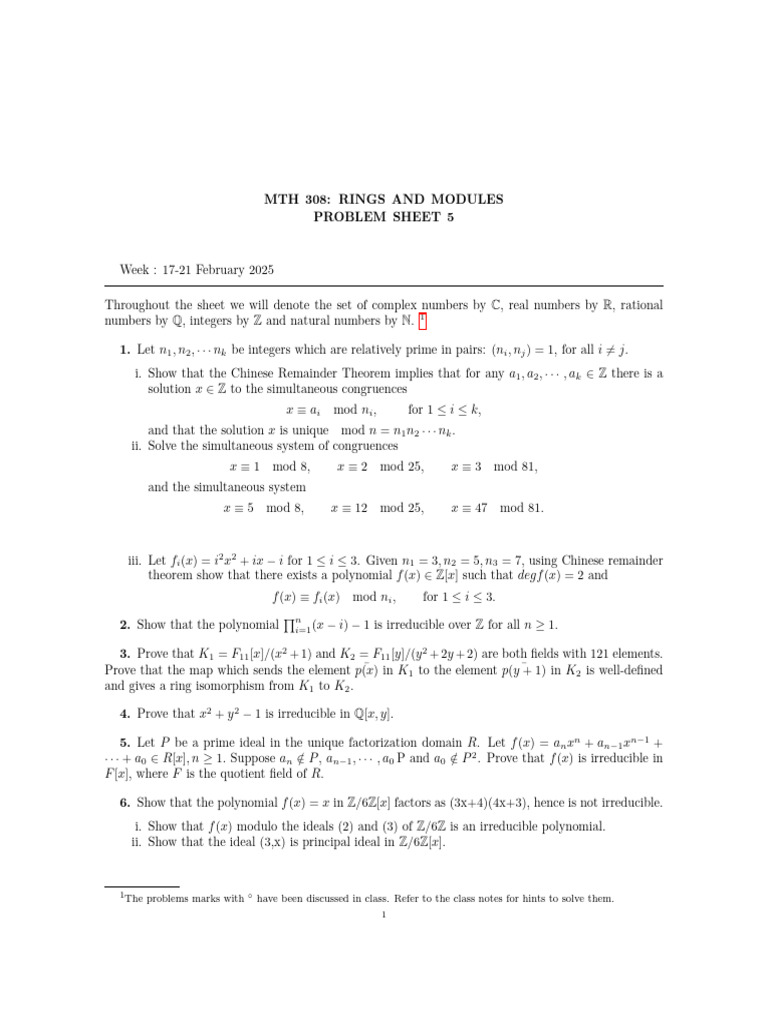 MTH 308: Rings and Modules Problem Sheet 5: C R Q Z N | PDF | Discrete Mathematics ...