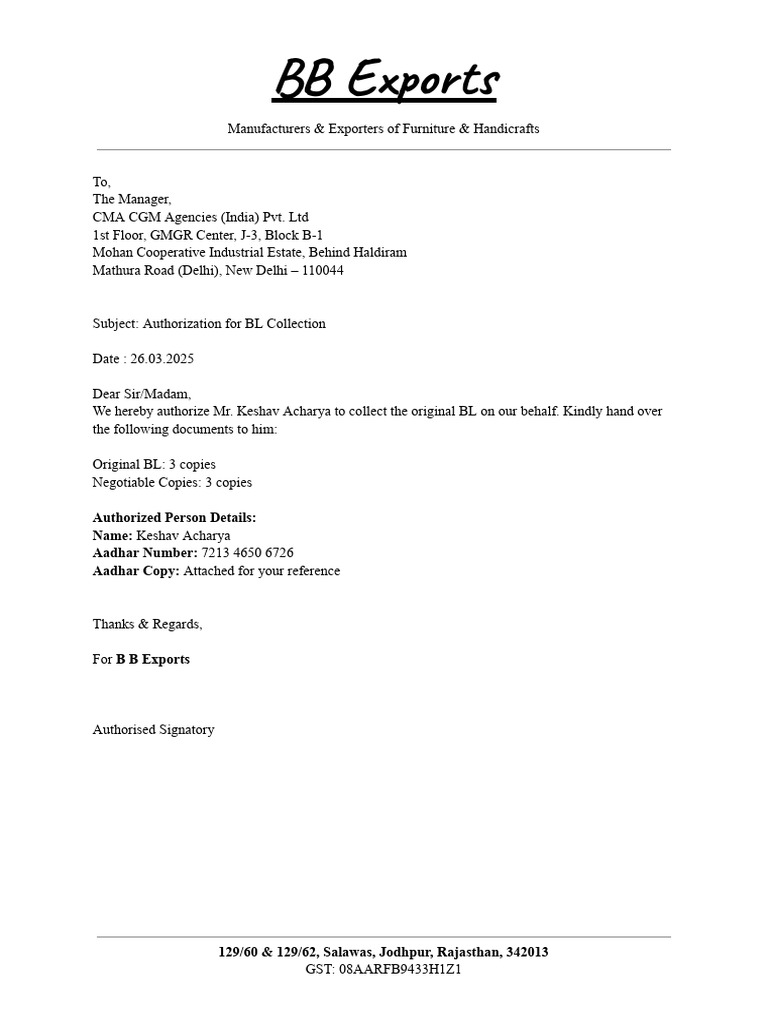 BB Exports Letter | PDF