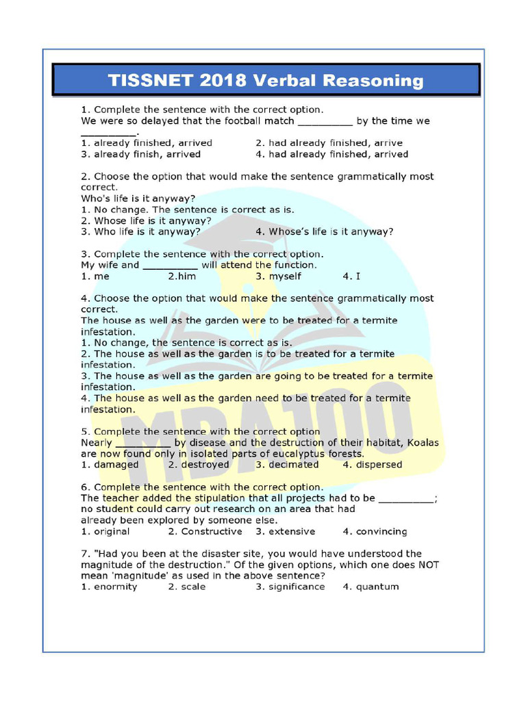 TISSNET 2018 Verbal Reasoning Paper | PDF
