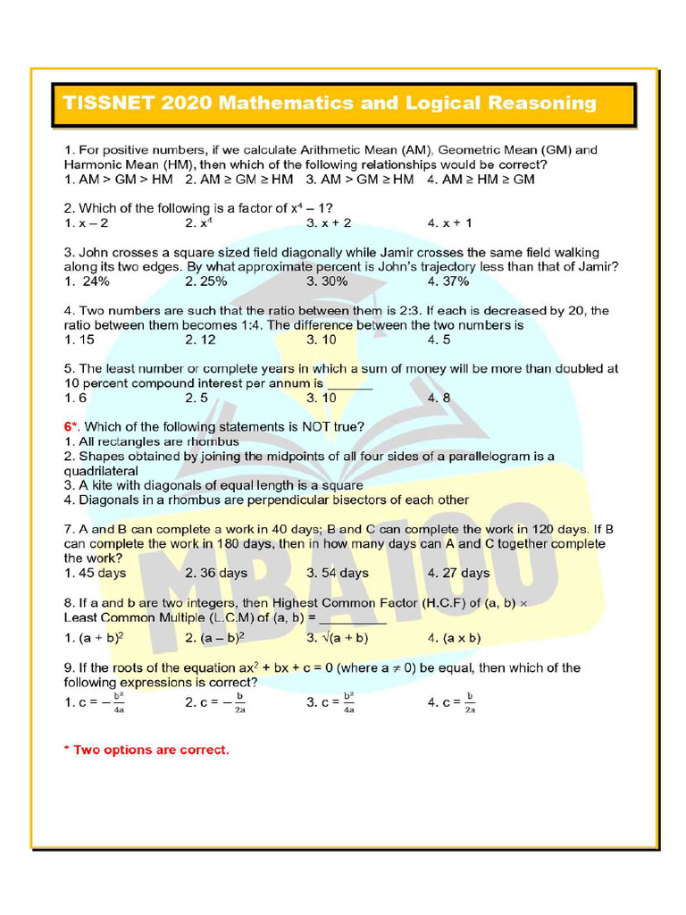 TISSNET 2020 Mathematics & Logical Reasoning Question Paper Final | PDF