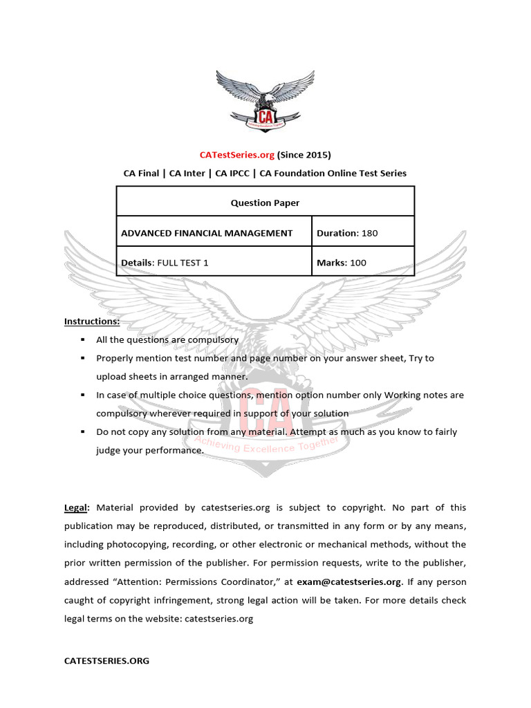 Test Series Test Papers Final Advanced Financial Management Full Test 1 ...