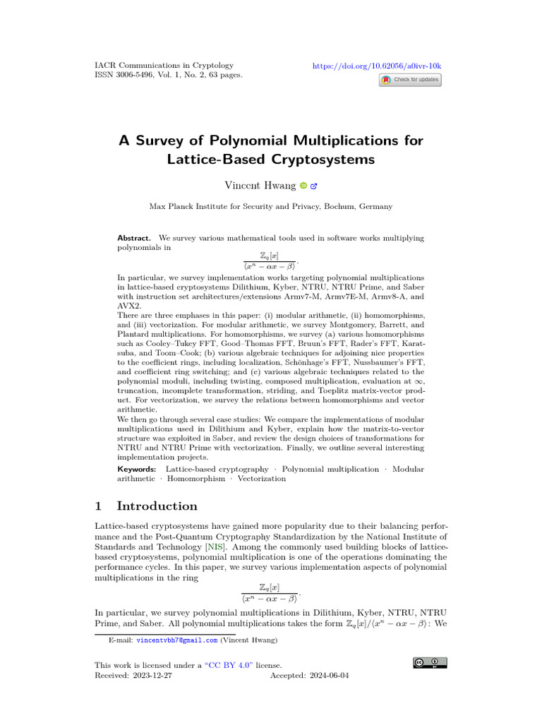 A Survey of Polynomial Multiplications For Lattice Based Cryptography | PDF | Fast Fourier ...