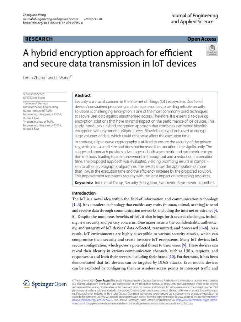 A Hybrid Encryption Approach For Efcient and Secure Data Transmission in IoT Devices | PDF | Key ...