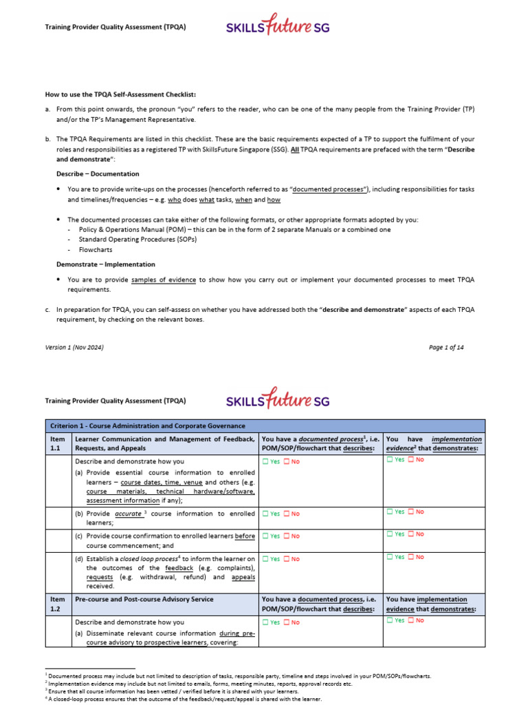 Self Assessment Checklist Tpqa 1 1 | PDF | Strategic Planning | Performance Indicator