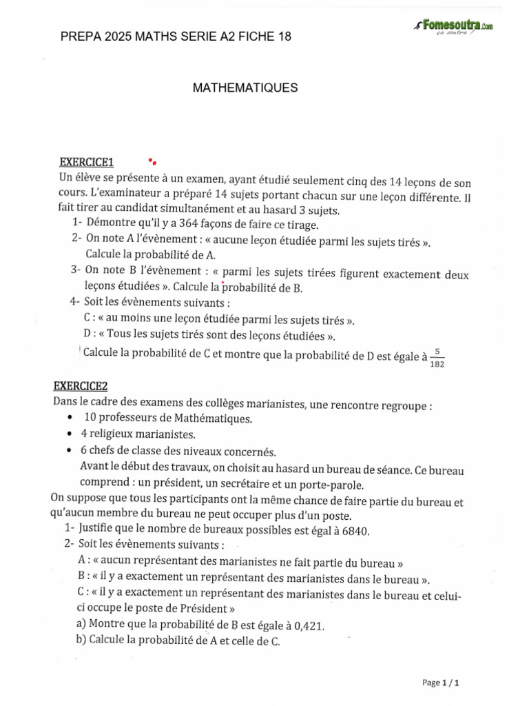 Prepa Bac 2025 Maths Serie a2 Sujet 18 Proba by Tehua(1) | PDF