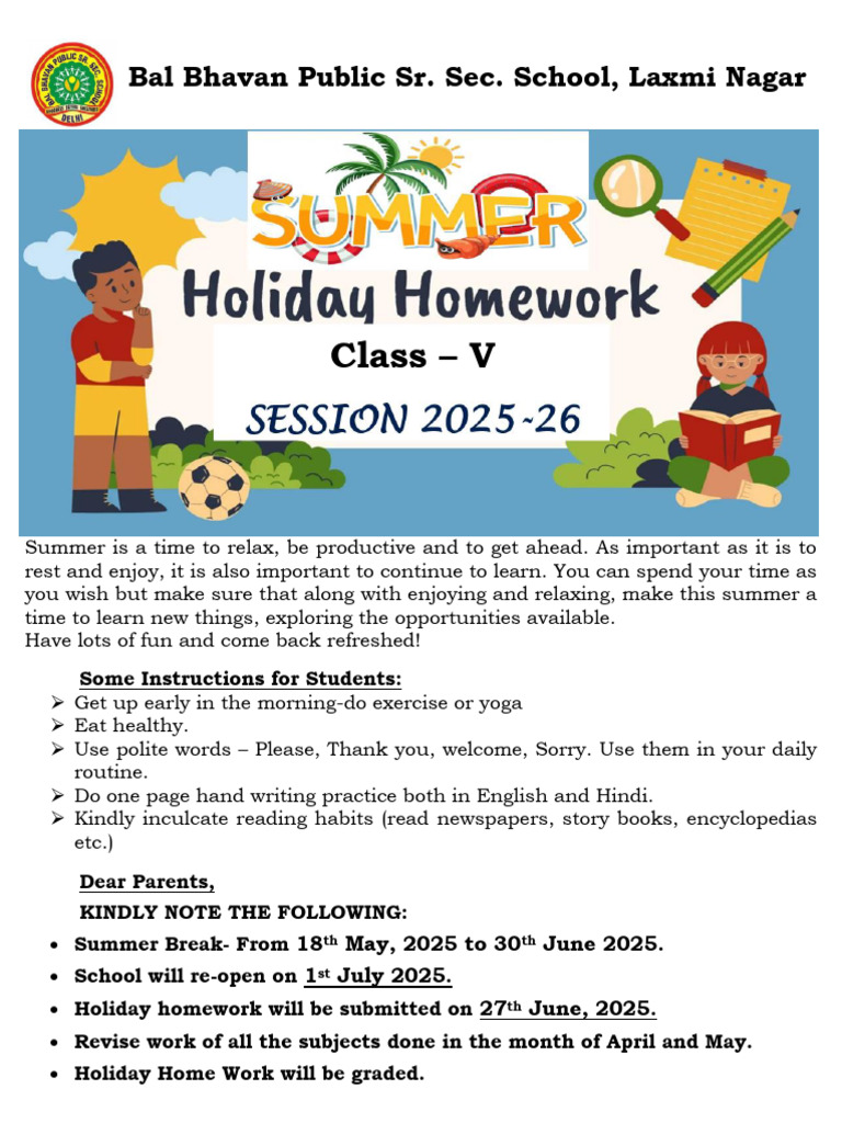 Class V Holiday Homework 2025-2026 | PDF