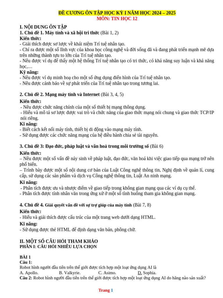 GV de Cuong HK1 | PDF