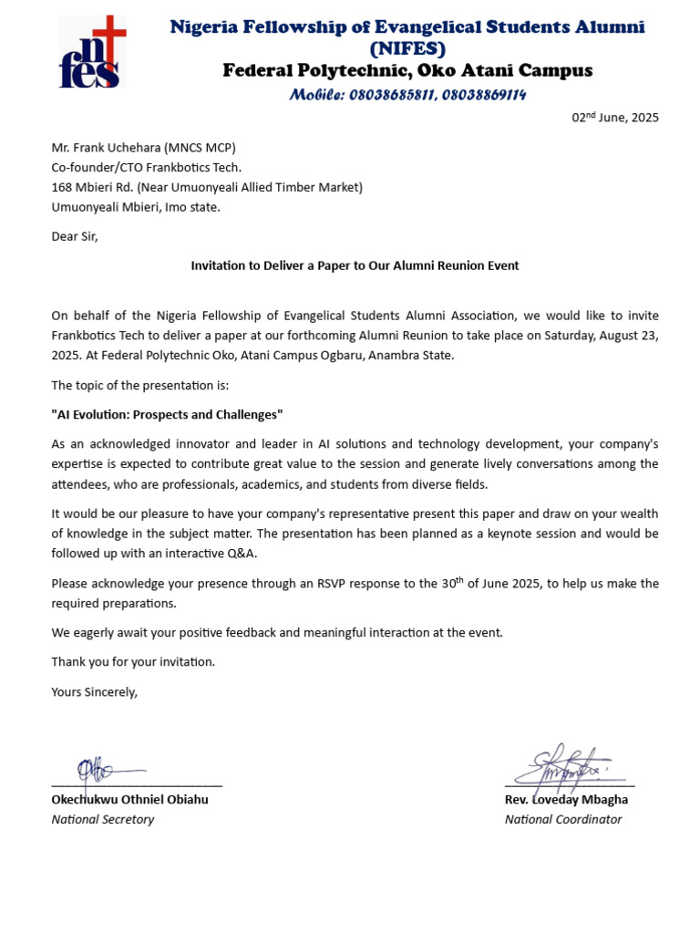 Invitation Letter For Presentation - Frankbotic | PDF