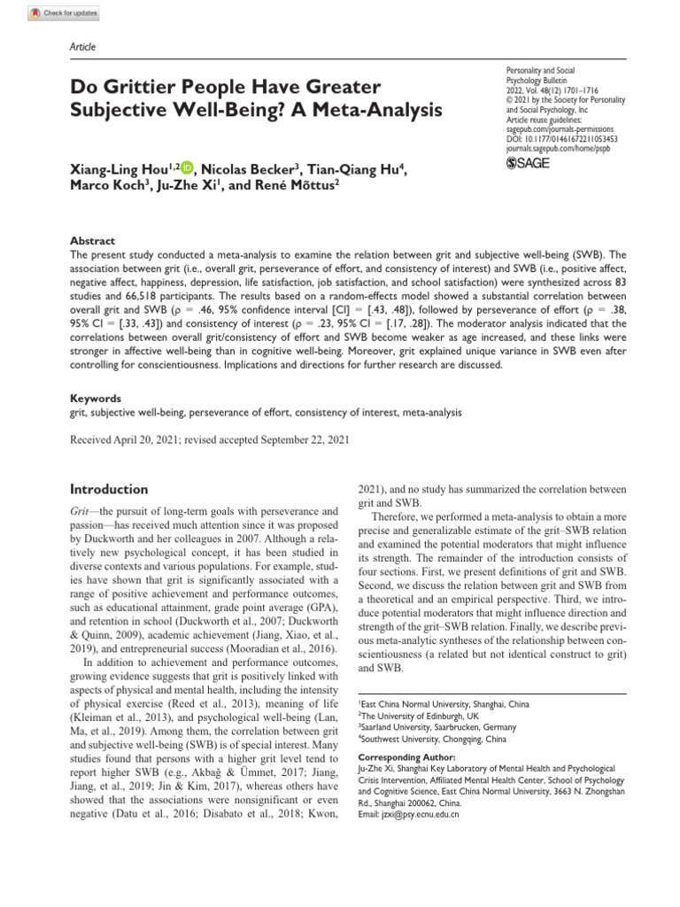 Do Grittier People Have Greater Subjective Well-Being A Meta-Analysis ...