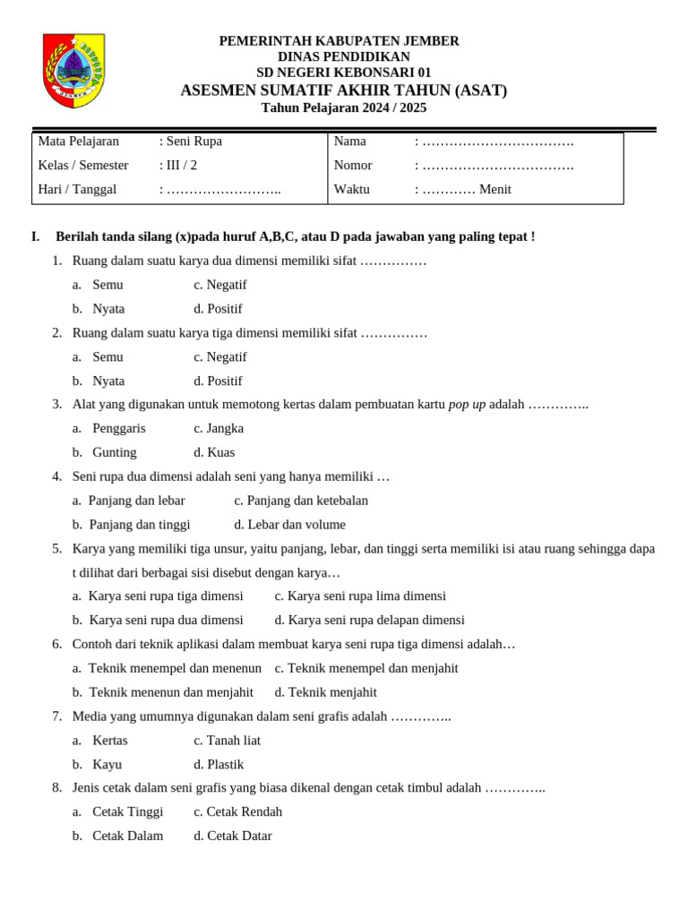 Soal Seni Rupa Kelas 3 Semester 2 2025 | PDF