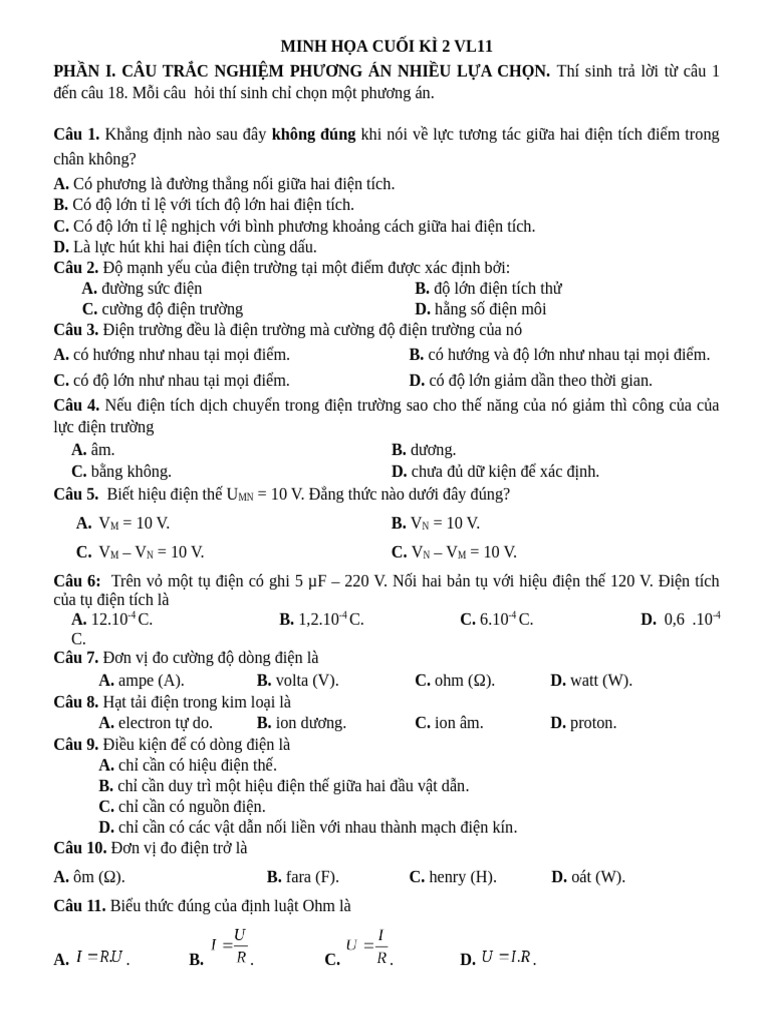 Đề Tham Khảo CK2 Vật Lí 11 (Gửi Nhóm) | PDF