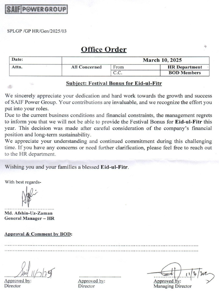 Office Order For The Festival Bonus of Eid-ul-Fitr | PDF