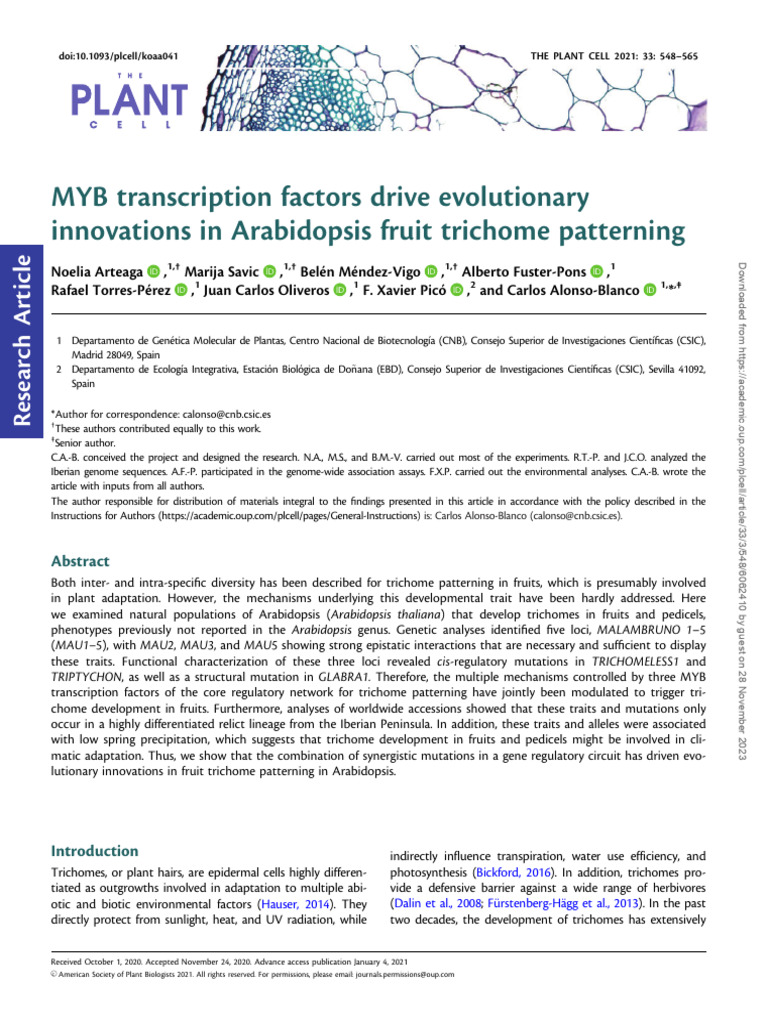 Arteaga Et Al - 2021 - MYB Transcription Factors Drive Evolutionary Innovations in Arabidopsis ...