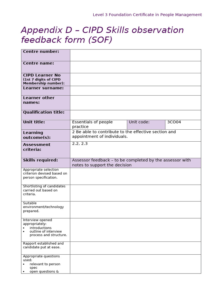 Appendix D - CIPD Skills Observation Feedback Form (SOF) v4 | PDF ...