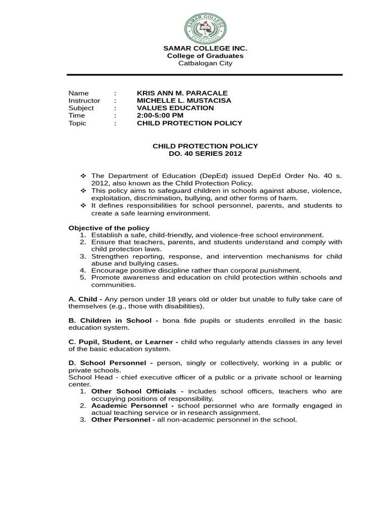Child Protection Policy Reported by Kris Ann M. Paracale | PDF | Child ...