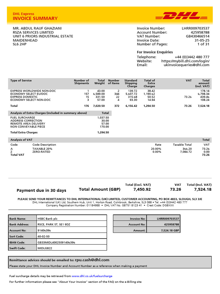 DHL Invoice LHRR009703537 Summary | PDF | Invoice | Value Added Tax
