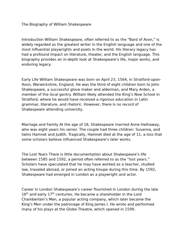 Biography of William Shakespeare | PDF | William Shakespeare | Theatre