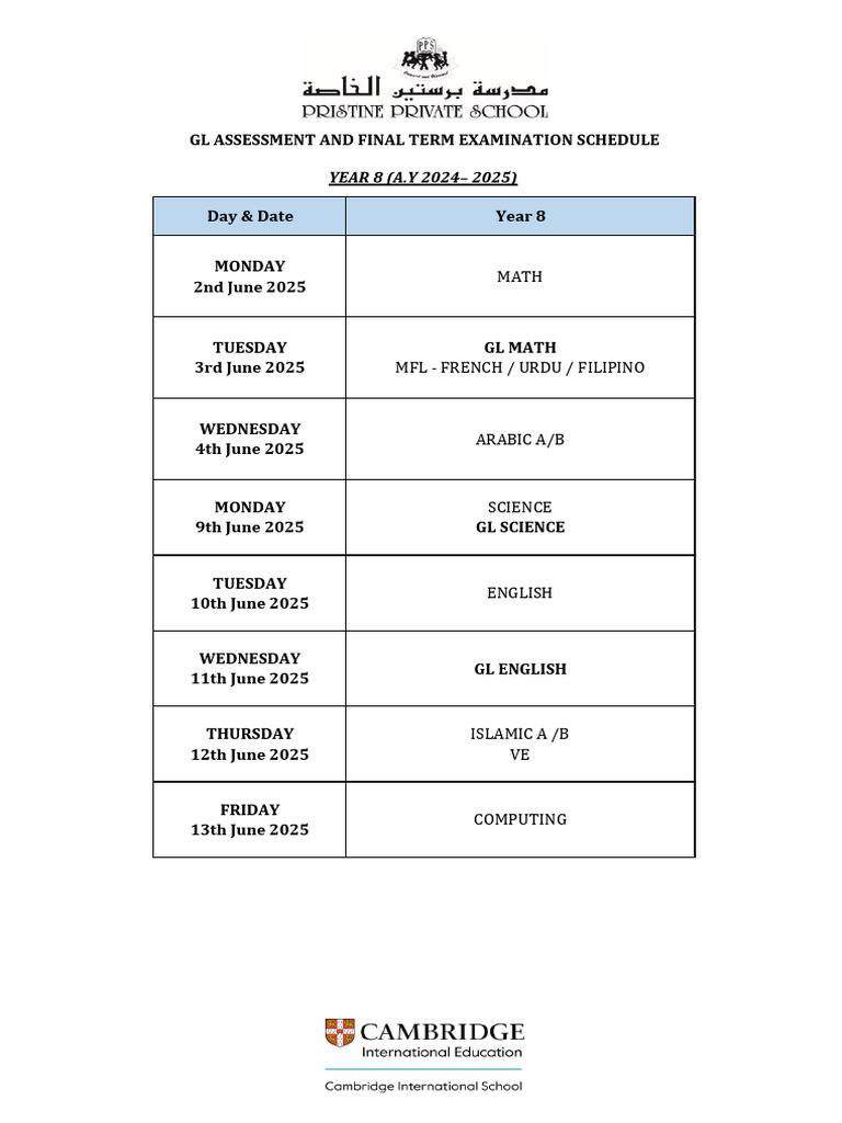 Year 8 GL and Final Term Timetable - Revised | PDF