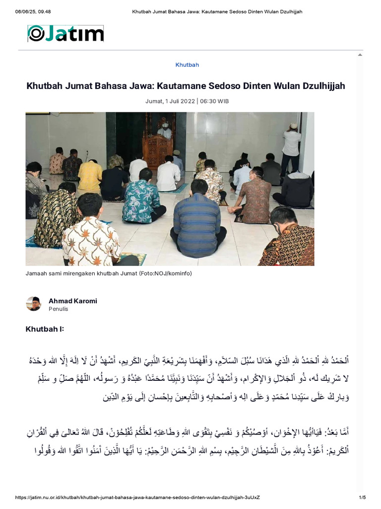 Khutbah Jumat Bahasa Jawa - Kautamane Sedoso Dinten Wulan Dzulhijjah | PDF