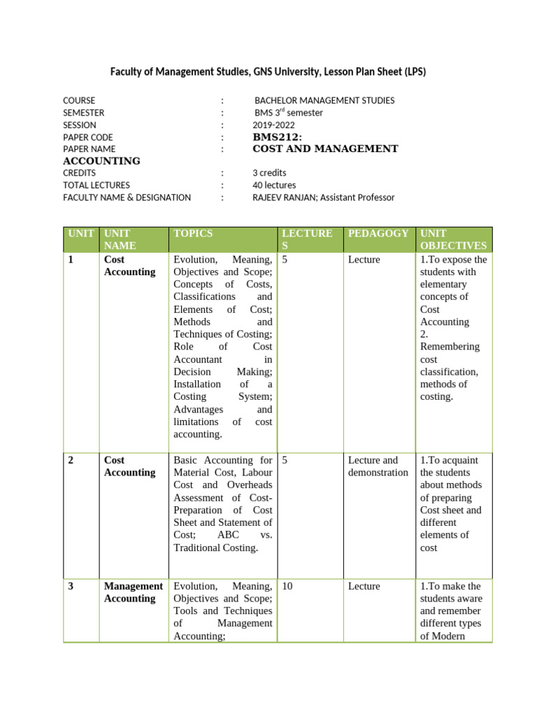 Cost and Management Accounting Lesson Plan | PDF | Business | Business ...
