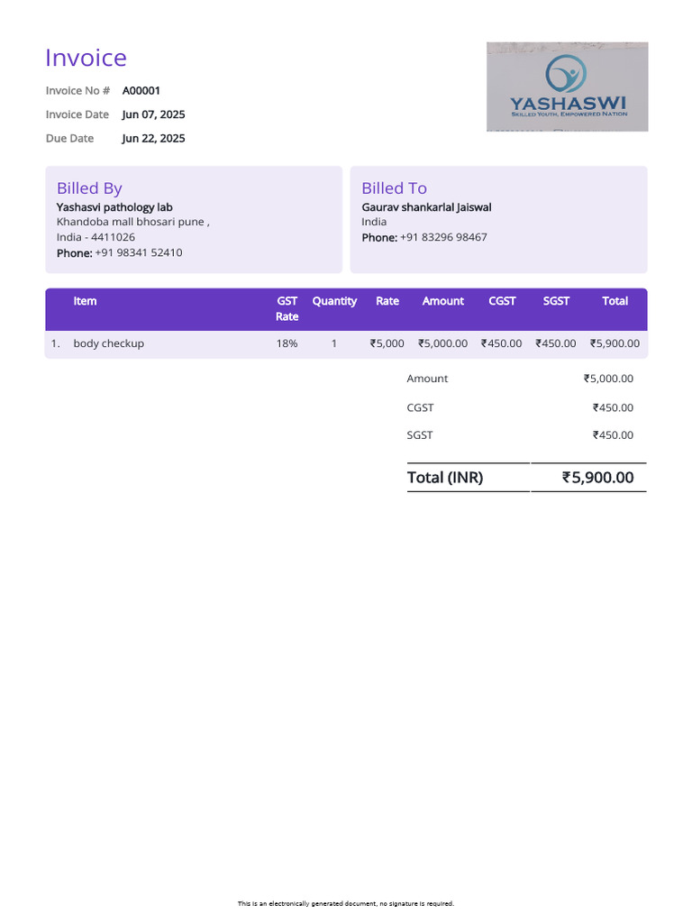 Invoice A00001 Yashasvi Pathology Lab Gaurav Shankarlal Jaiswal | PDF
