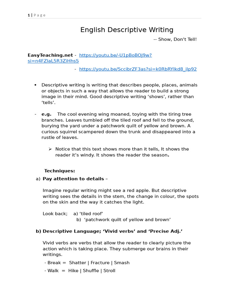 English Descriptive Writing - Show Don't Tell | PDF | Irony | Senses