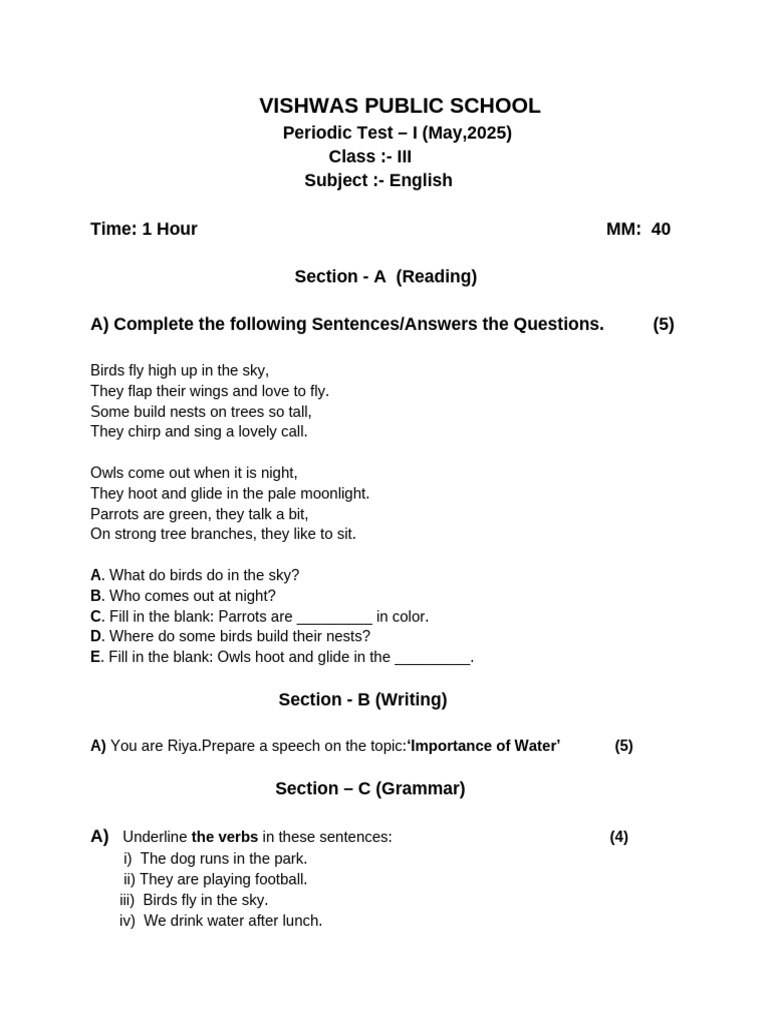 Class III English Test Questions | PDF | Syntax | Grammar