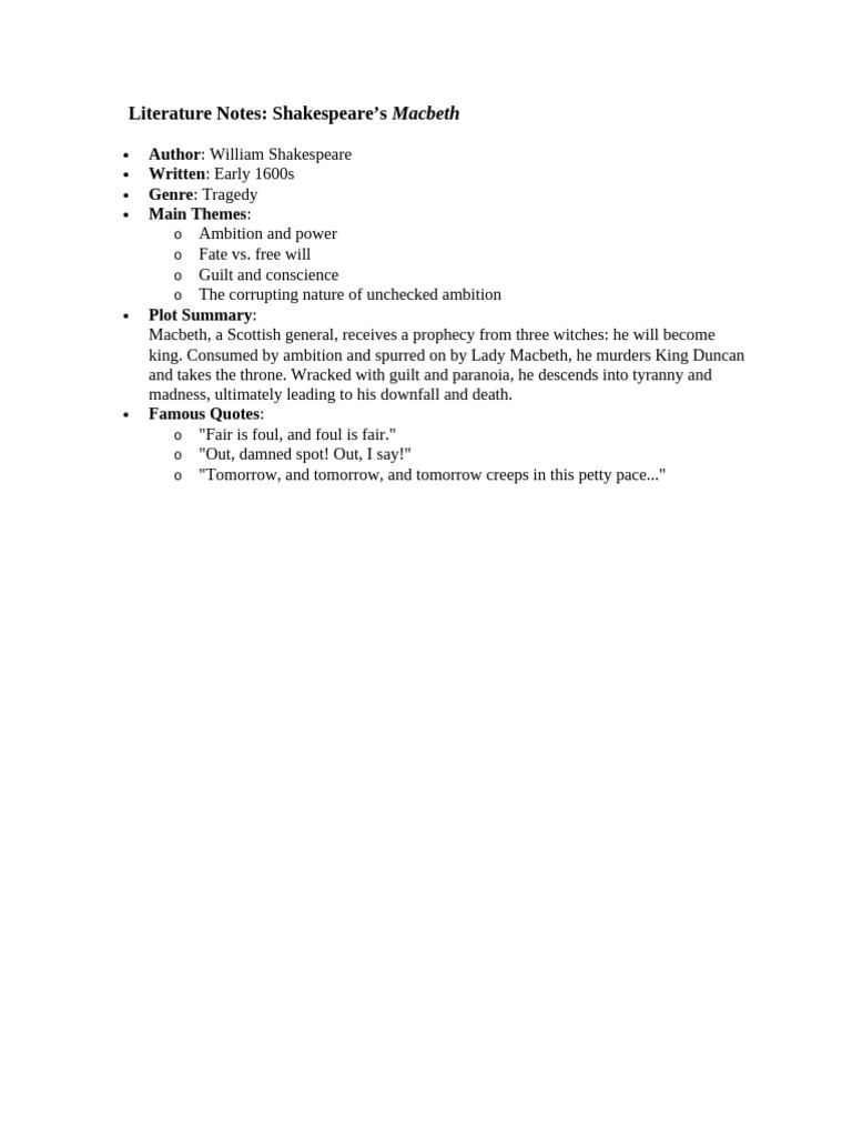 Literature Notes Shakespeare's Macbeth | PDF