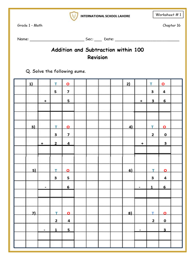 Grade 1 Math: Addition & Subtraction 100 | PDF
