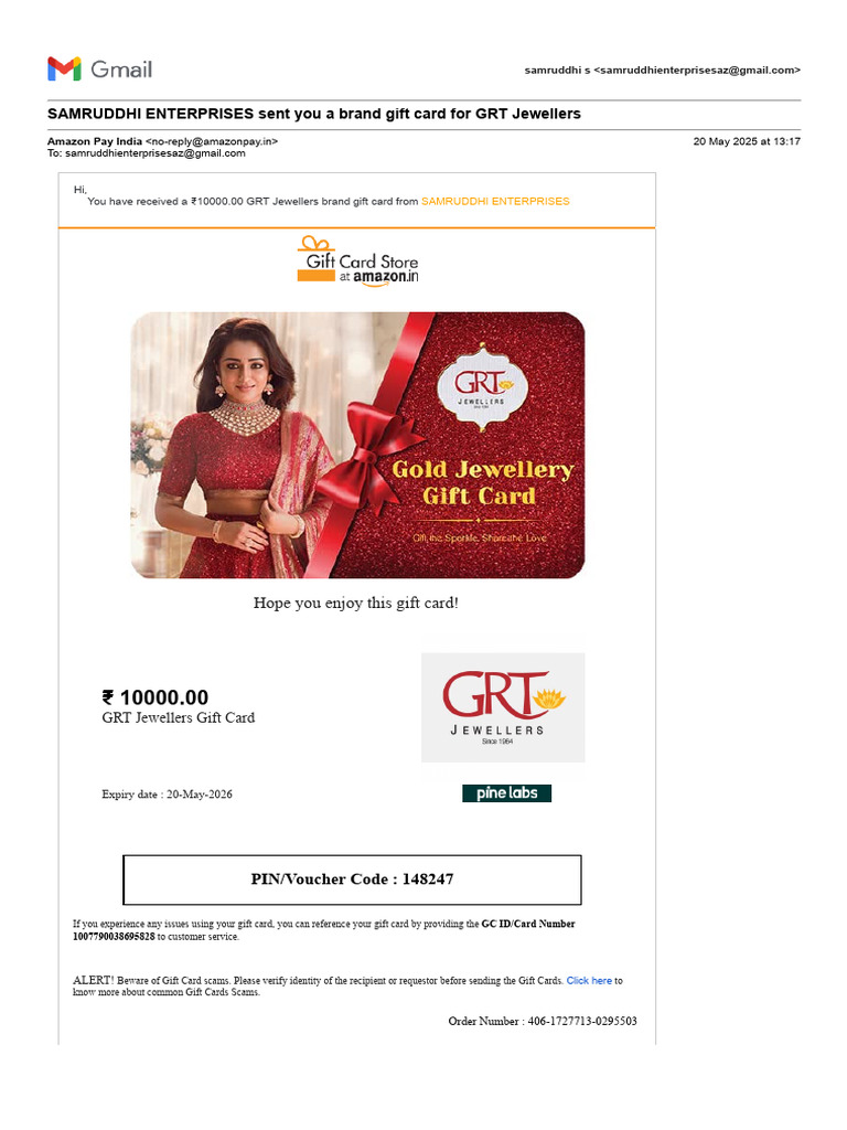 Gmail - SAMRUDDHI ENTERPRISES Sent You A Brand Gift Card For GRT ...