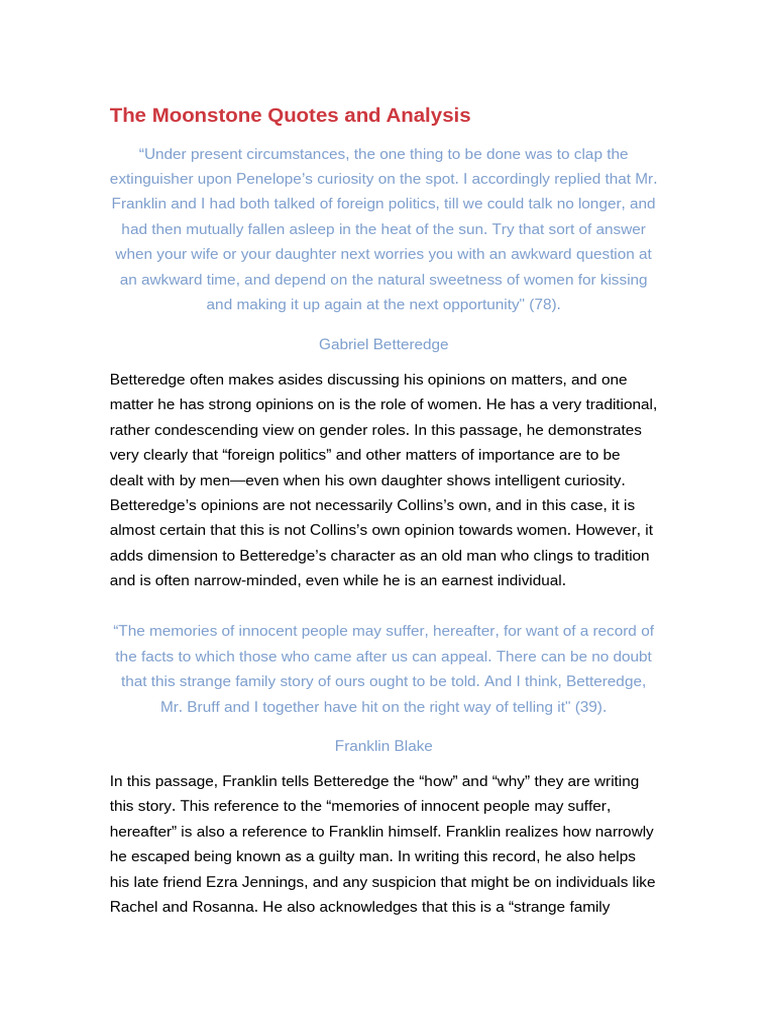 Analysis of "The Moonstone" Quotes | PDF