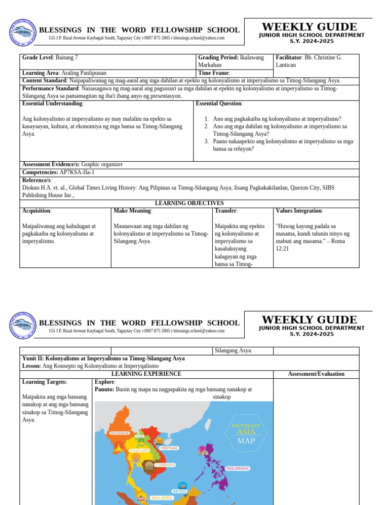 Weekly Guide Plan: Blessings in The Word Fellowship School Inc | PDF