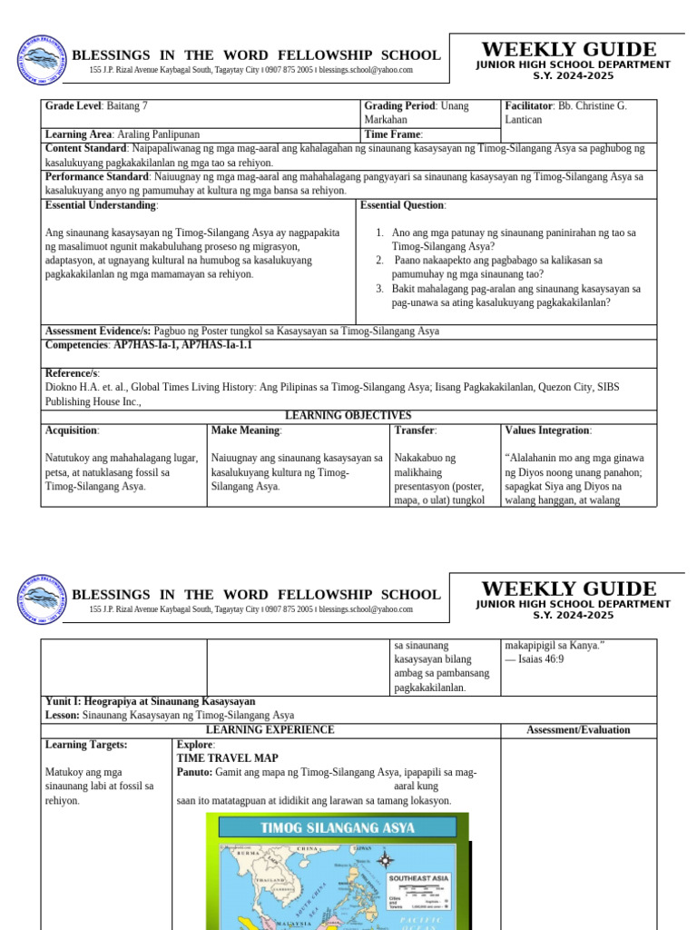 Weekly Guide Plan: Blessings in The Word Fellowship School Inc | PDF