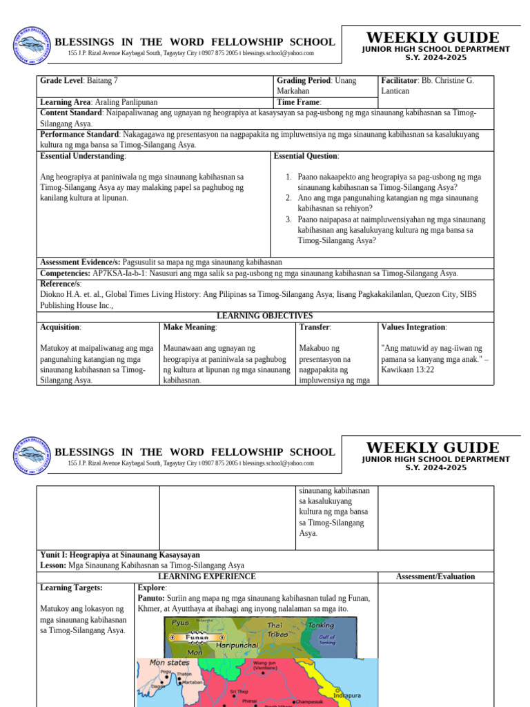 Weekly Guide Plan: Blessings in The Word Fellowship School Inc | PDF