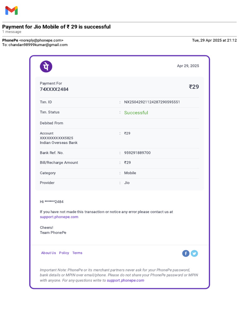 Gmail - Payment For Jio Mobile of 29 Is Successful | PDF