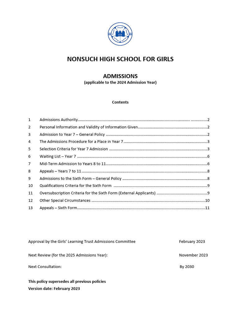 Nonsuch Sixth Form Admissions 2024 | PDF | University And College Admission