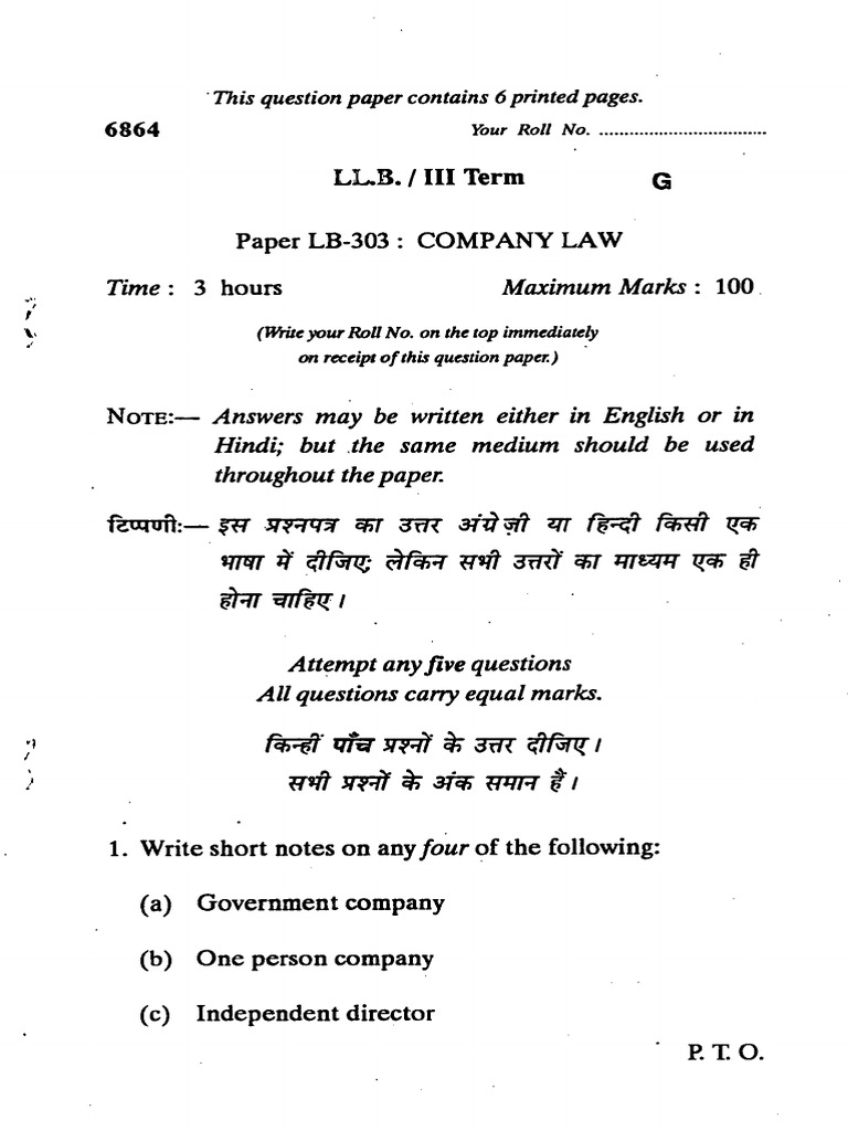 Ll.b. Iii-Paper LB-303 Company Law-6864 | PDF