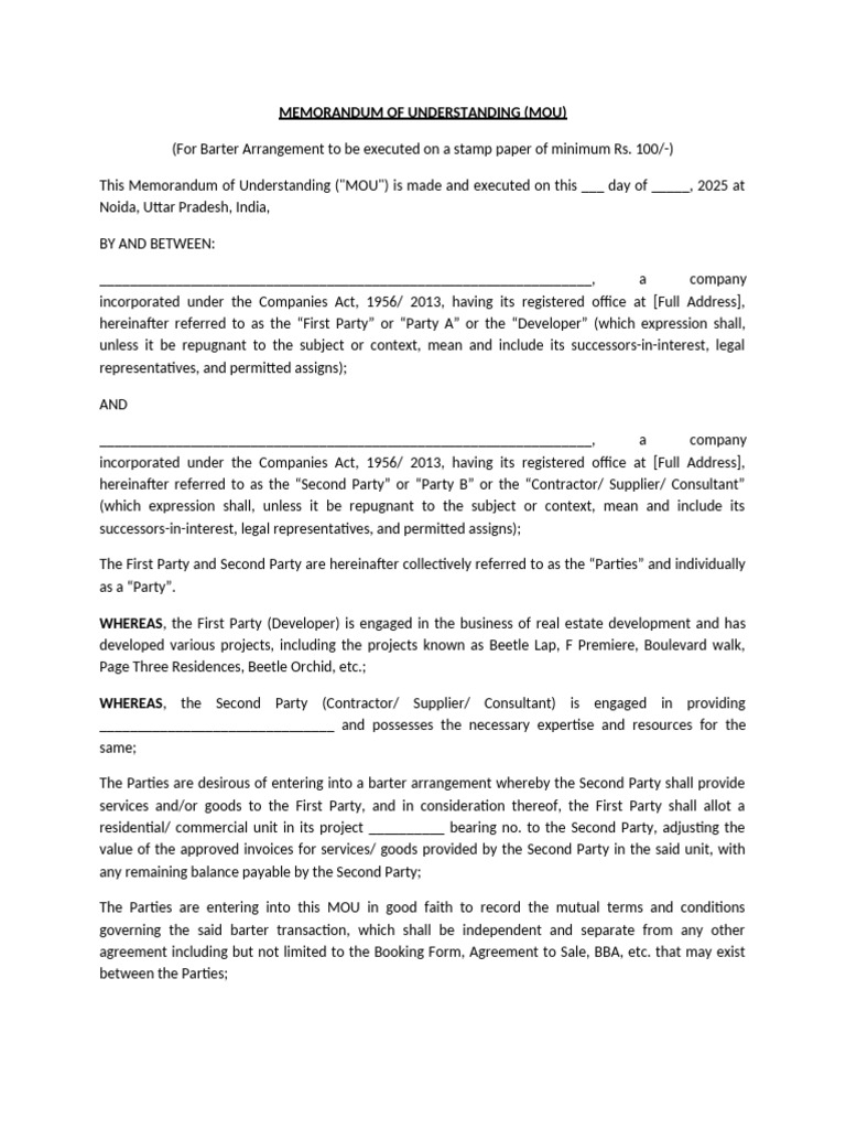 Barter Agreement MOU Template | PDF | Indemnity | Legal Liability