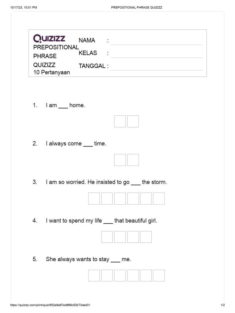 Prepositional Phrase Quizizz | PDF