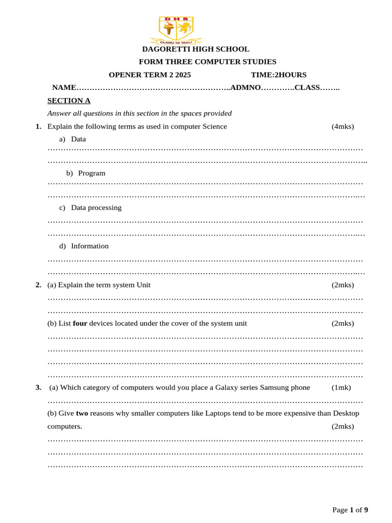 Comp Form 3 OPENER T2 2025 | PDF | Computer Engineering | Computer Science