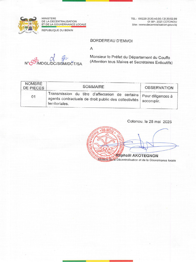 Transmission Du Titre D'affectation de Certains Agents Contractuels de Droit Public Des ...