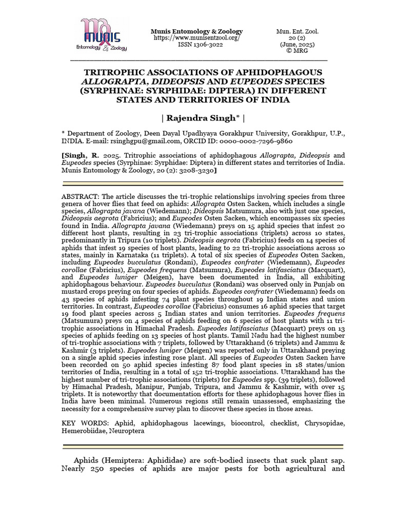 Tritrophic Associations of Aphidophagous AND Species (Syrphinae ...
