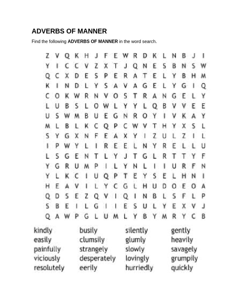 Adverbs of Manner Word Search | PDF