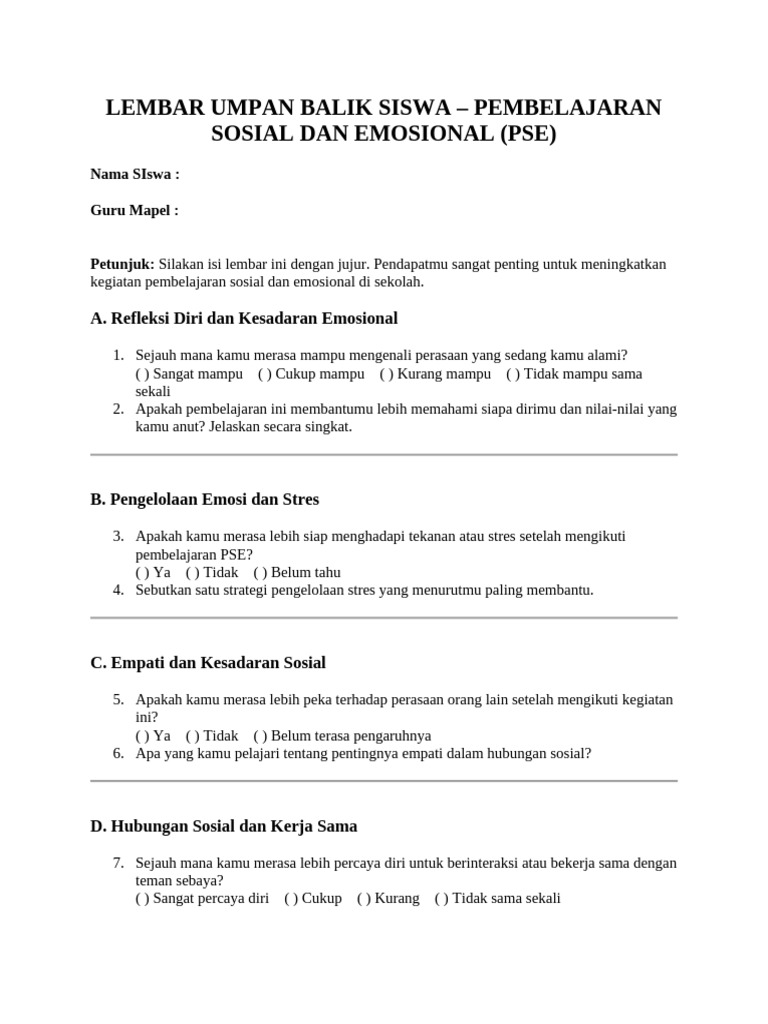 Lembar Umpan Balik Siswa - Pembelajaran Sosial | PDF